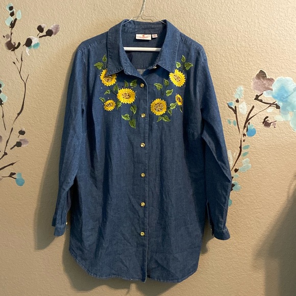 Quacker Factory | Tops | Vintage Quacker Factory Sunflower Denim Top X ...